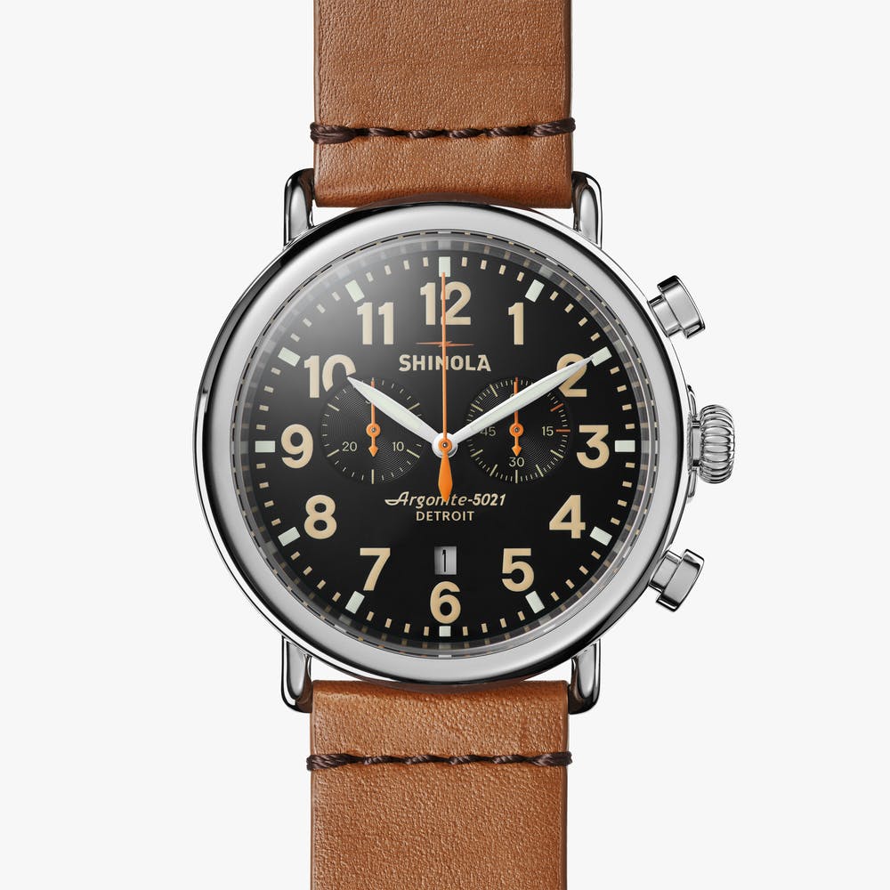 Shinola Runwell Chronograph 47mm Watch with Black Dial and Brown ...