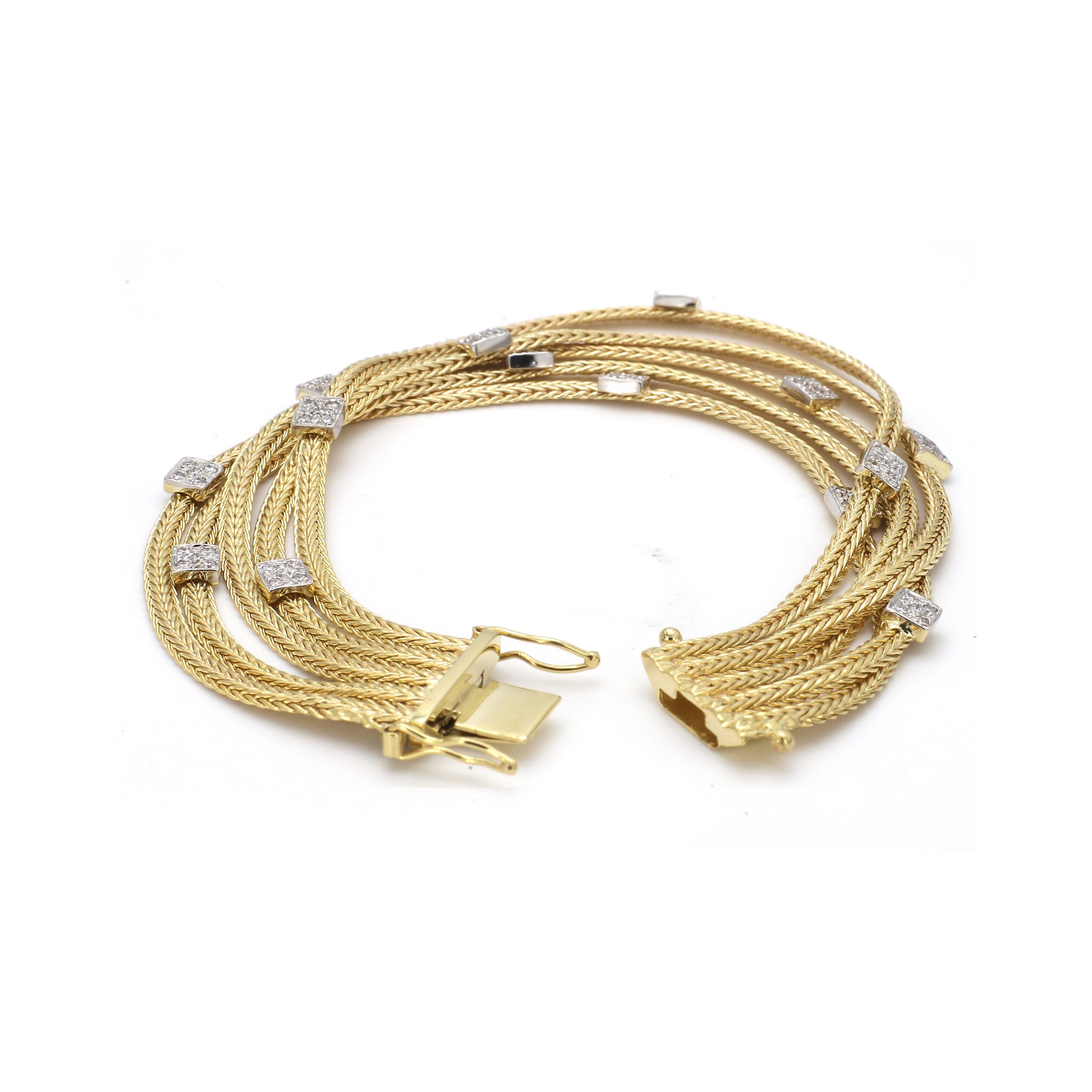 Five Row Flexible Weaved Bracelet with White Gold and Diamond Stations ...